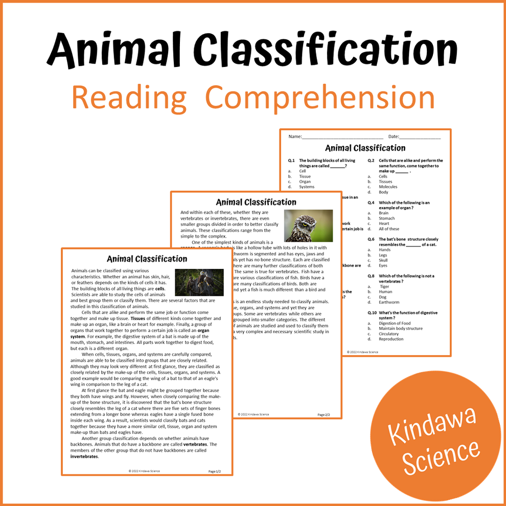 Animal Classification Reading Comprehension Passage and Questions | Pr ...