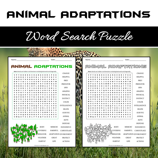 Animal Adaptations Word Search Puzzle Worksheet PDF – PrintableBazaar