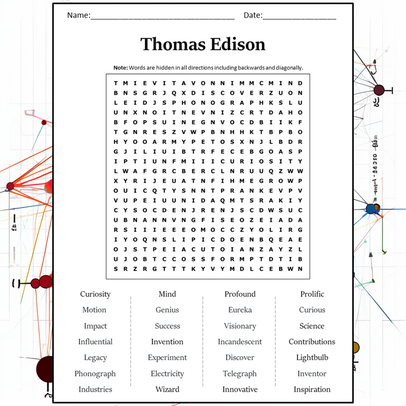 Thomas Edison Word Search Puzzle Worksheet Activity PDF – PrintableBazaar