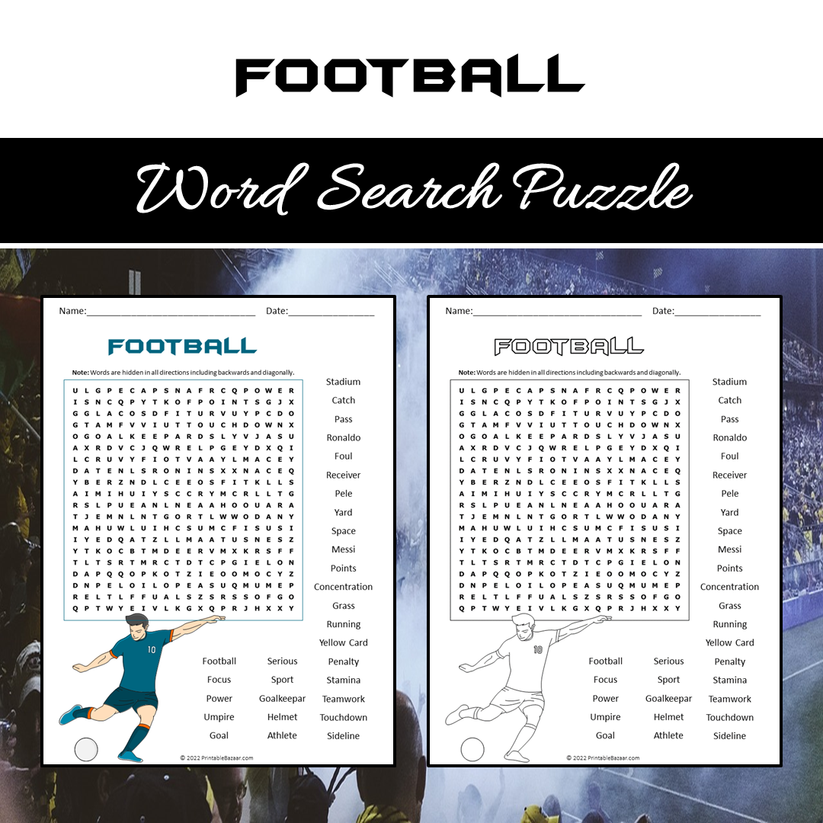 Football Word Search Puzzle Worksheet PDF – PrintableBazaar