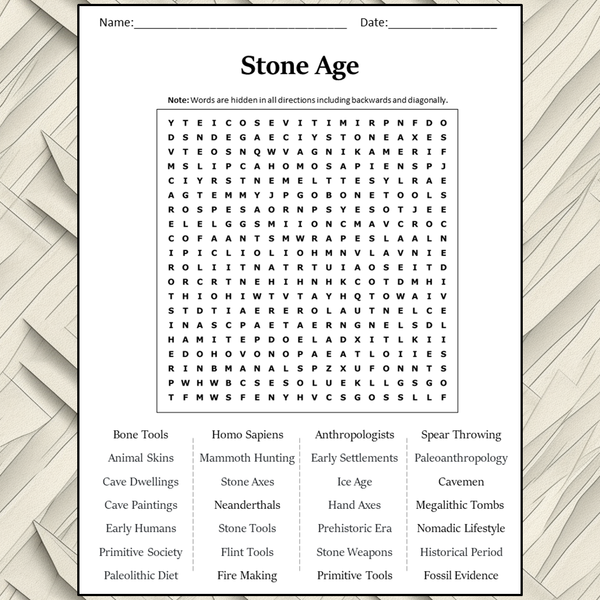 Stone Age Word Search Puzzle Worksheet Activity PDF – PrintableBazaar