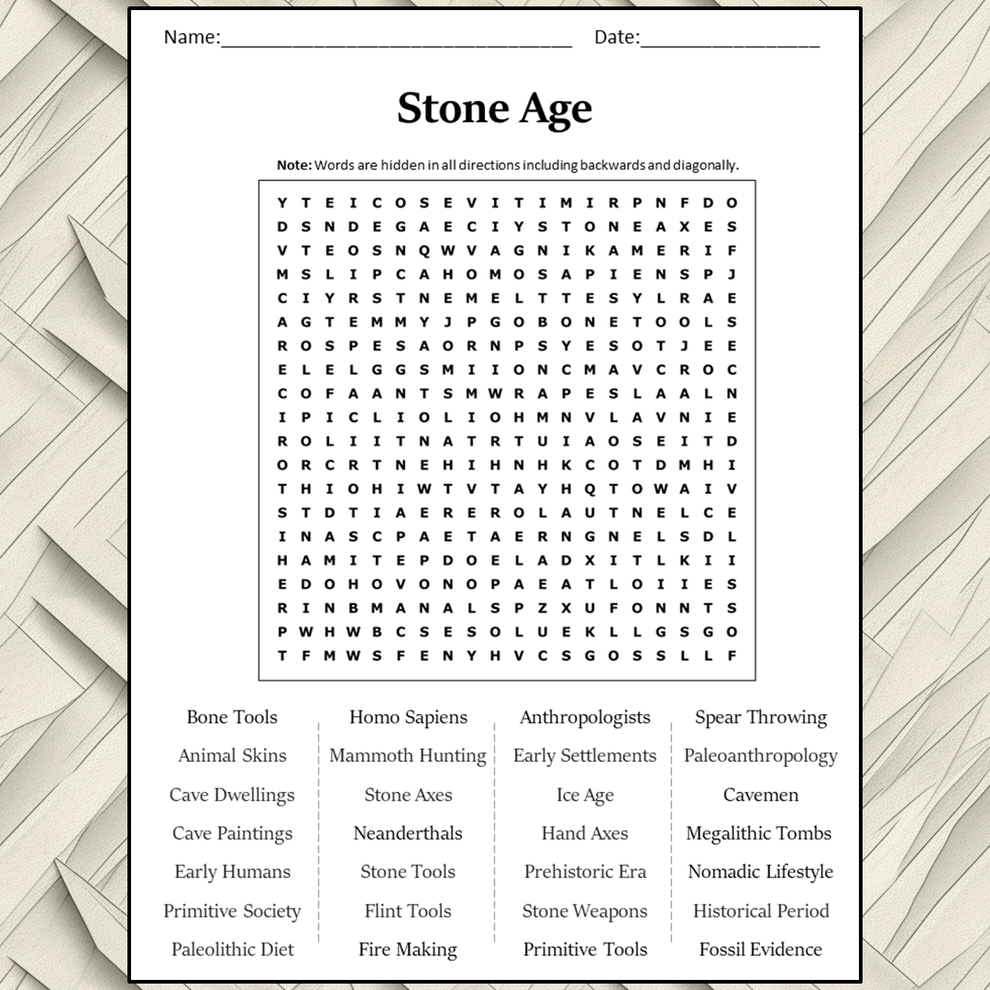 Stone Age Word Search Puzzle Worksheet Activity PDF – PrintableBazaar