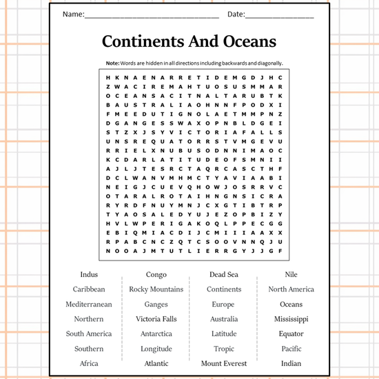 Continents And Oceans Word Search Puzzle Worksheet Activity PDF ...