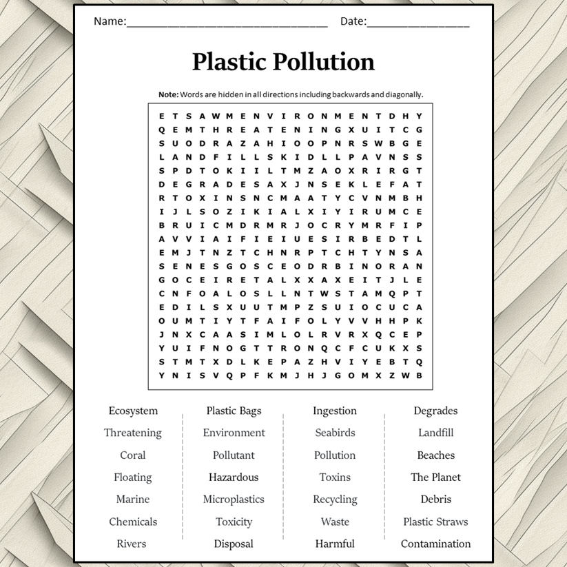 Plastic Pollution Word Search Puzzle Worksheet Activity PDF ...