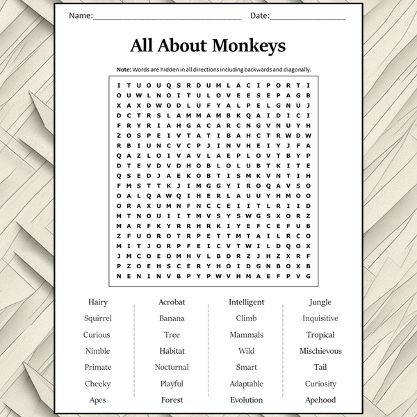 All About Monkeys Word Search Puzzle Worksheet Activity PDF ...