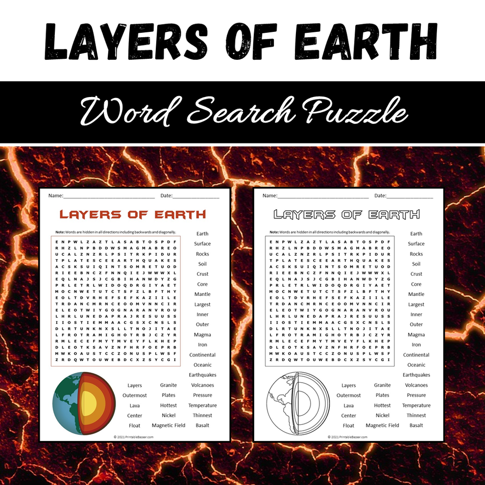 Layers Of Earth Word Search Puzzle Worksheet PDF – PrintableBazaar
