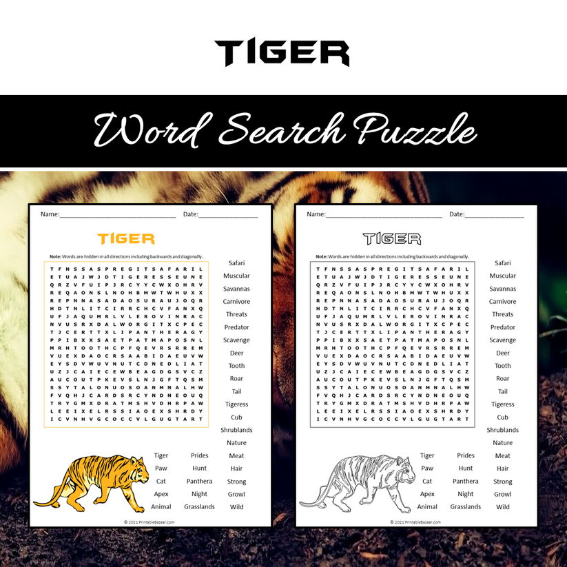 Tiger Word Search Puzzle Worksheet PDF – PrintableBazaar
