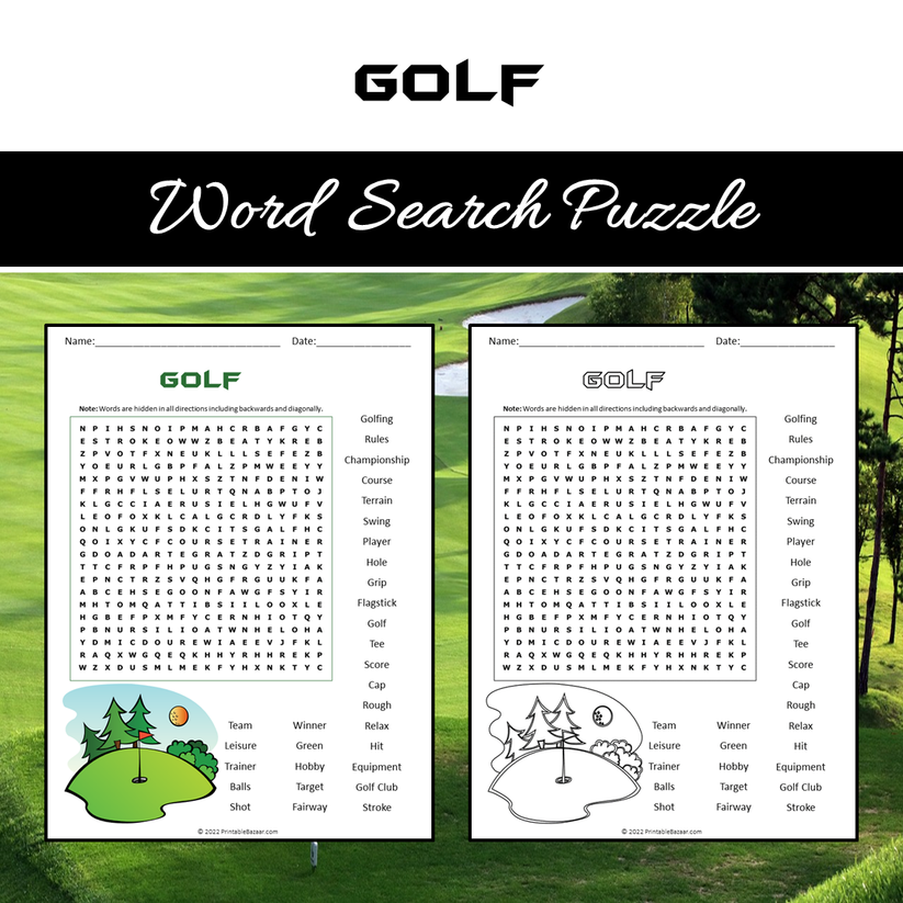Golf Word Search Puzzle Worksheet PDF – PrintableBazaar