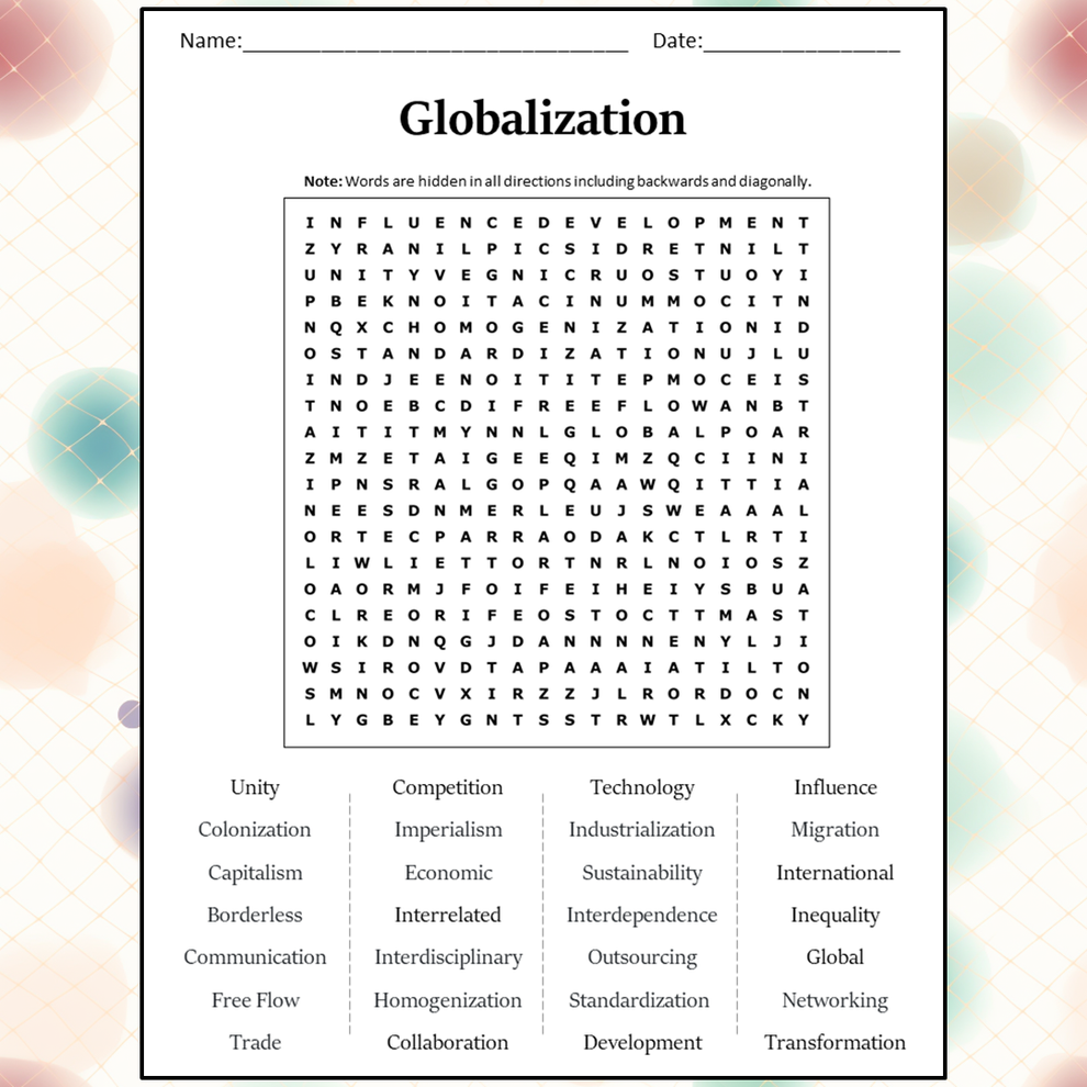 Globalization Word Search Puzzle Worksheet Activity PDF – PrintableBazaar