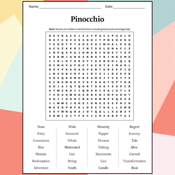 Pinocchio Word Search Puzzle Worksheet Activity PDF – PrintableBazaar