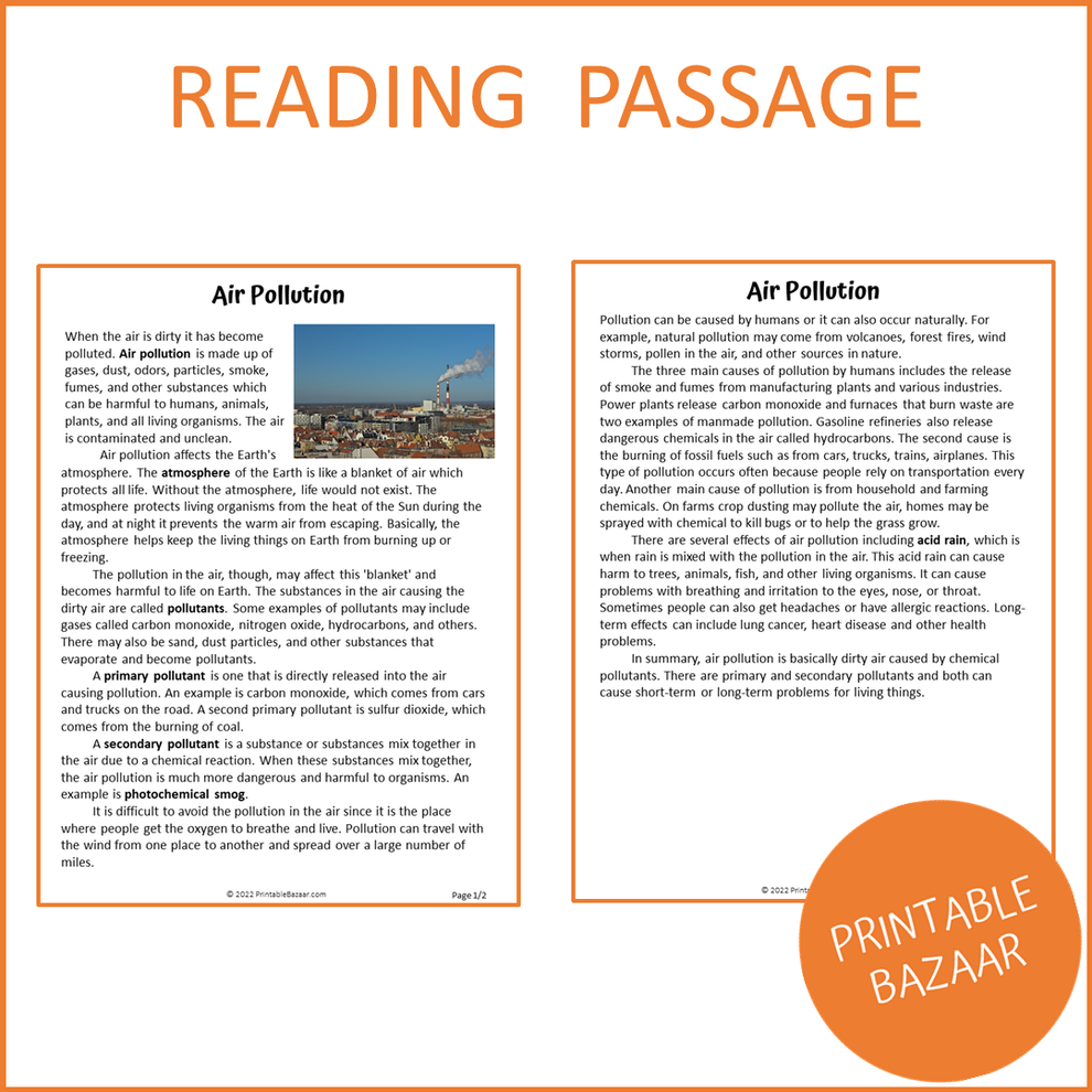 Air Pollution Reading Comprehension Passage and Questions | Printable ...