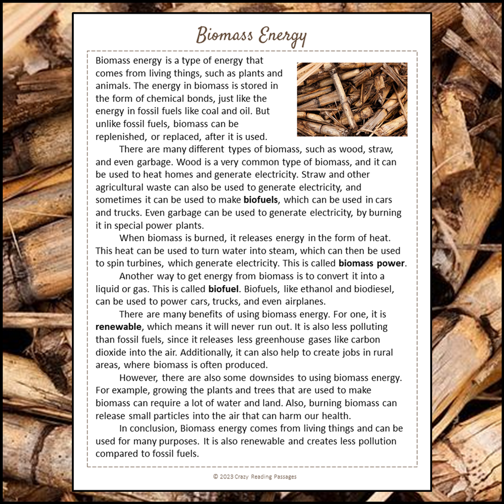 Biomass Energy Reading Comprehension Passage and Questions | Printable ...