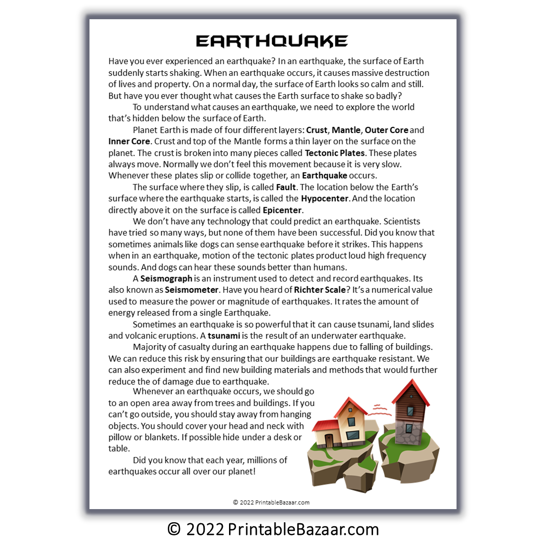 Earthquake Reading Comprehension Passage and Questions | Printable PDF ...
