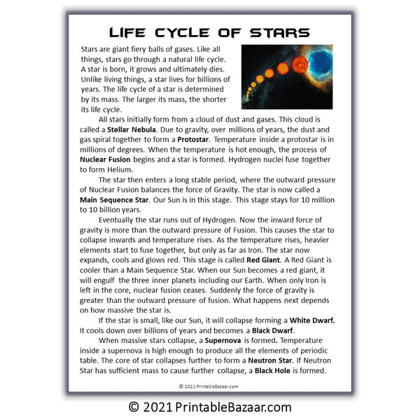 Life Cycle Of Stars Reading Comprehension Passage and Questions | Prin ...