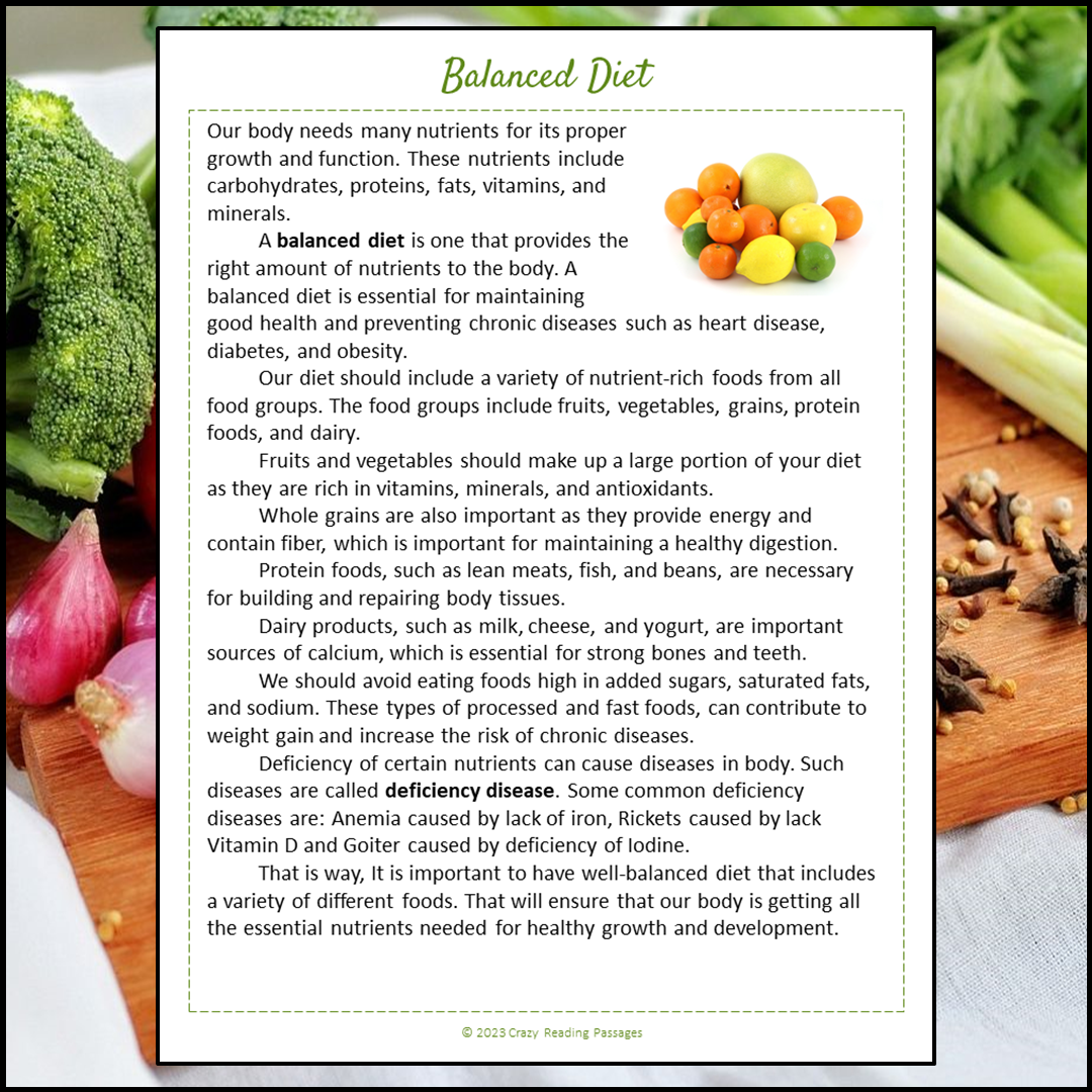 Balanced Diet Reading Comprehension Passage and Questions | Printable ...