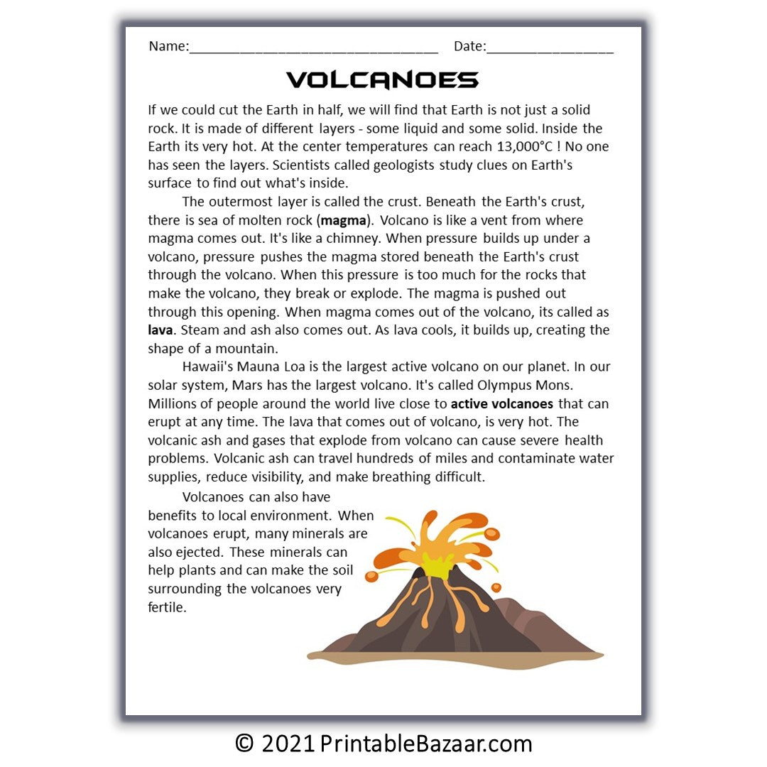 Volcanoes Reading Comprehension Passage and Questions – PrintableBazaar