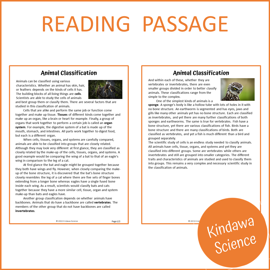 Animal Classification Reading Comprehension Passage and Questions | Pr ...
