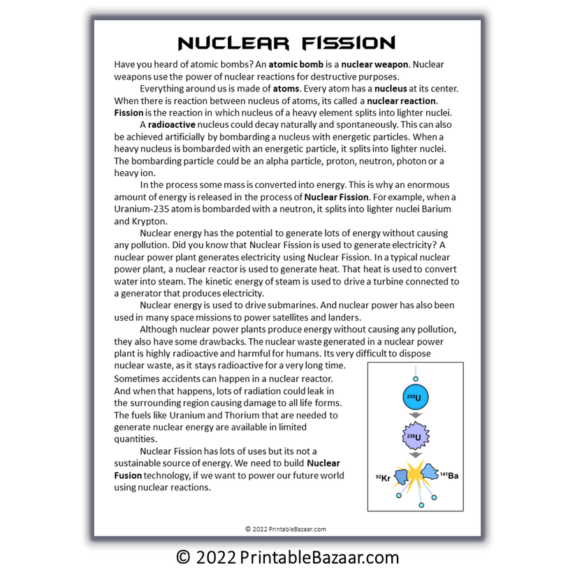 Nuclear Fission Reading Comprehension Passage and Questions | Printabl ...