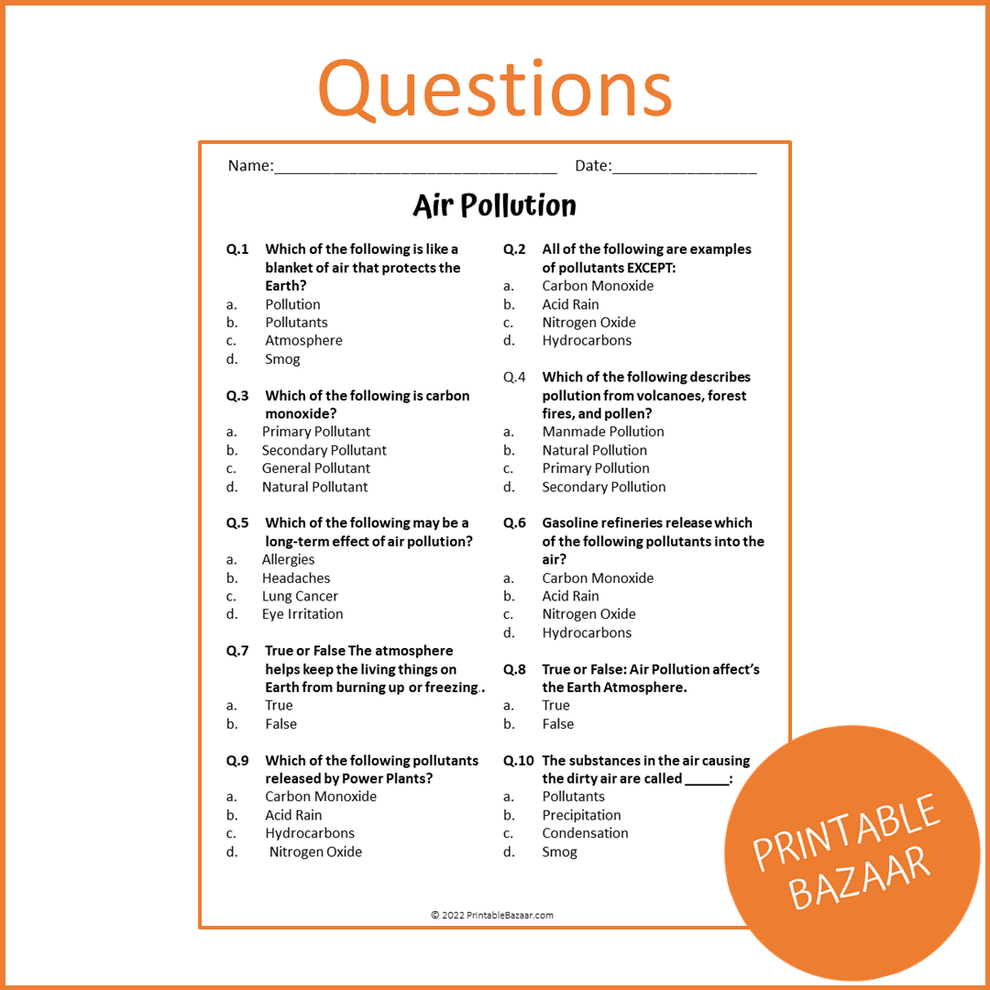 Air Pollution Reading Comprehension Passage and Questions | Printable ...