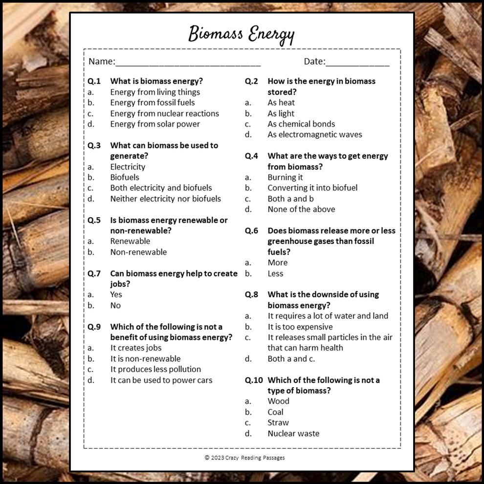Biomass Energy Reading Comprehension Passage and Questions | Printable ...