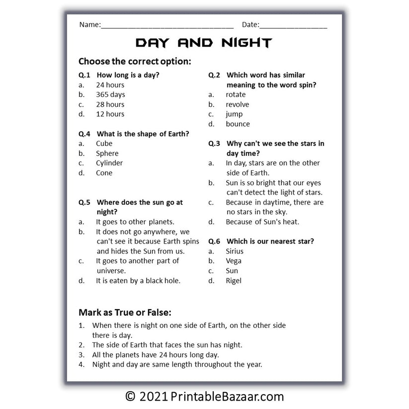 Day and Night Reading Comprehension Passage and Questions – PrintableBazaar